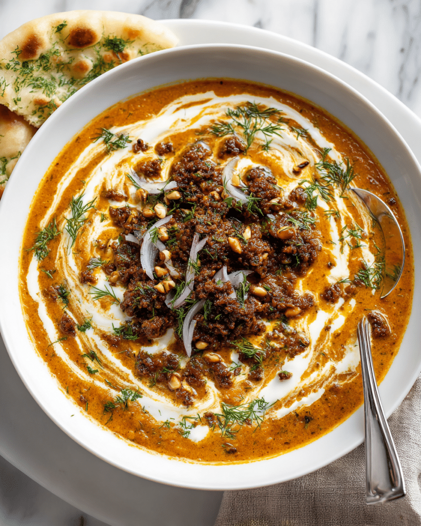 Carrot Soup with Spiced Ground Beef and Pine Nuts | Cozy & Flavorful